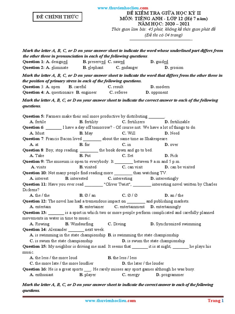 De Thi Giua HK2 Tieng Anh 12 He 7 Nam de 2 | PDF | Species | Extinction