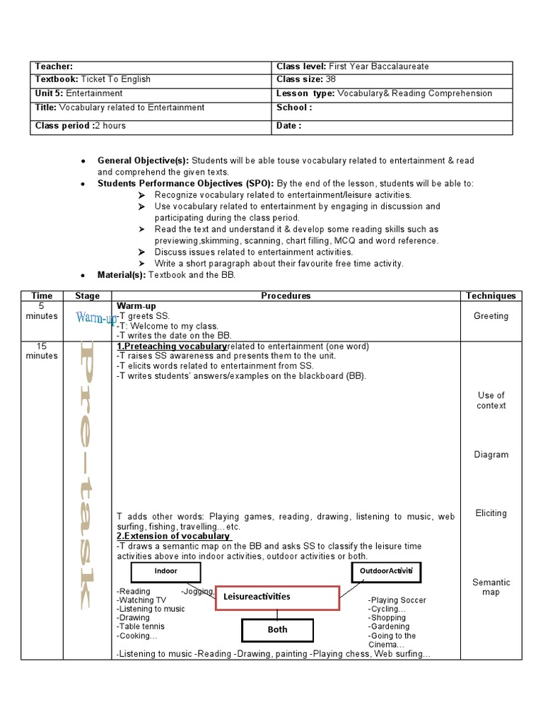 2-1 BAC Unit 5 Voc & Reading Comp. Entertainment 1st Year BAC | PDF ...