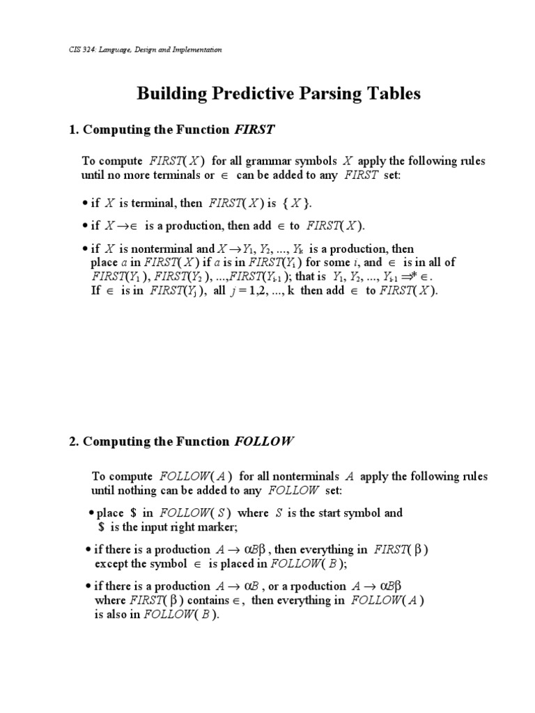 Building Predictive Parsing Tables 1 Computing The Function First 5991