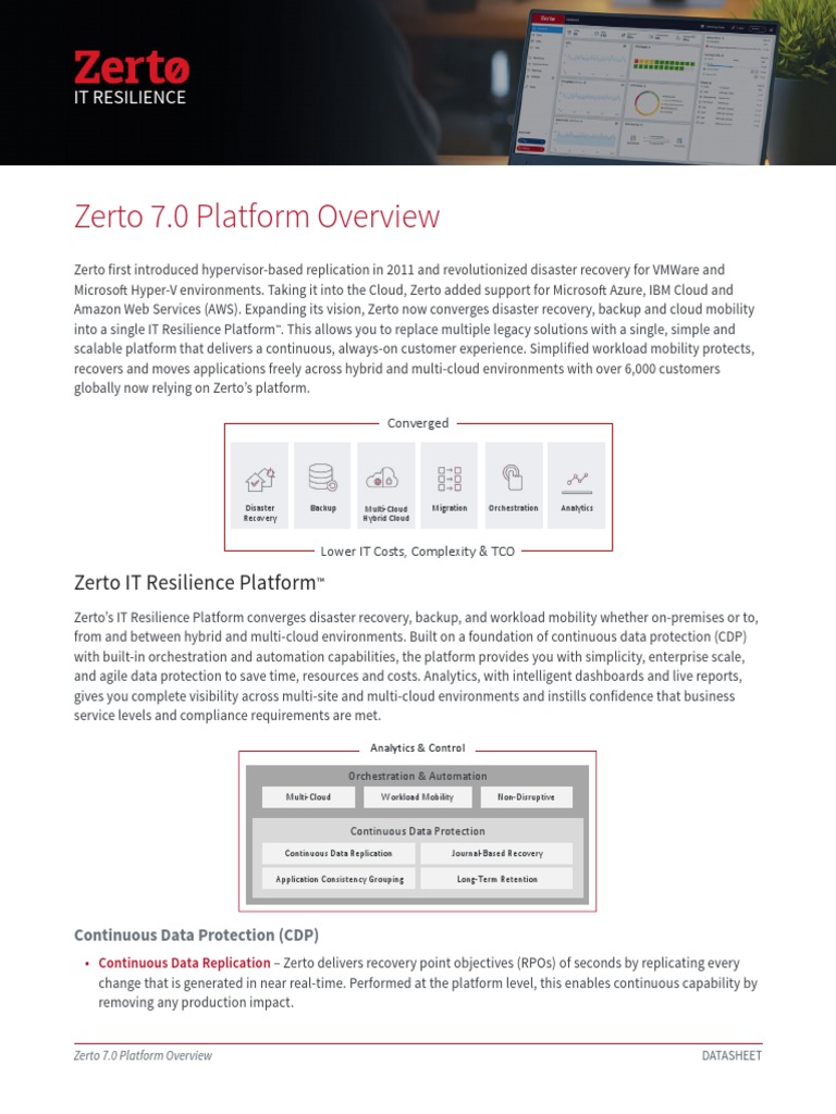 Zerto 7.0 Platform Overview: It Resilience | PDF | Cloud Computing | Backup
