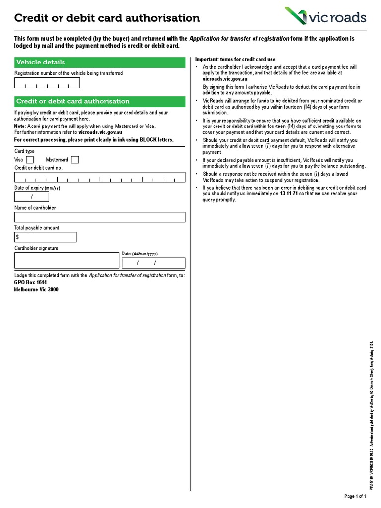 VicRoads Credit Card Authorisation Form | PDF | Debit Card | Credit Card