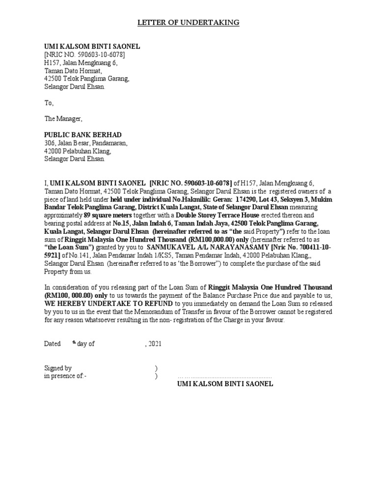 Letter To Undertaking | PDF