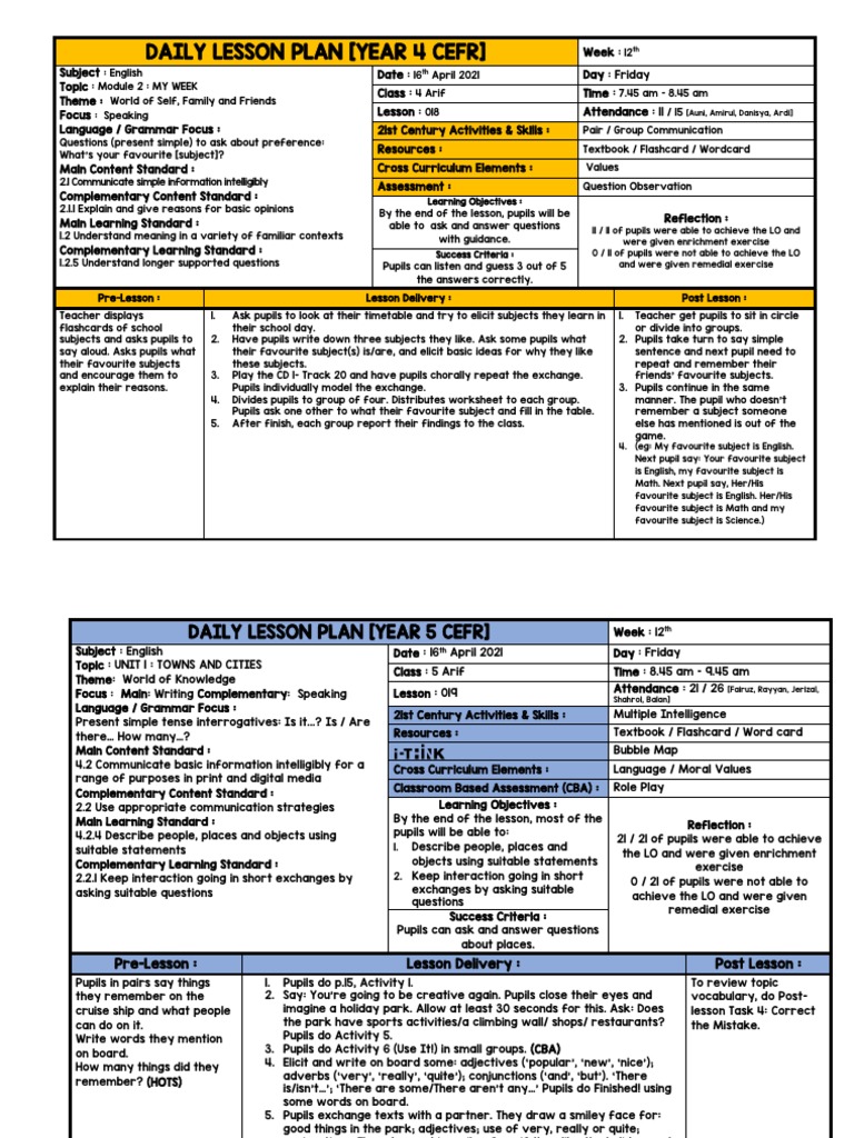 Daily Lesson Plan Year 4 Cefr TH TH PDF Question English Language