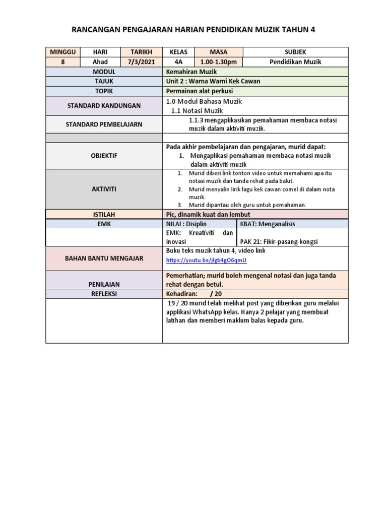 RPH Muzik THN 4 Week 8 | PDF | Seni