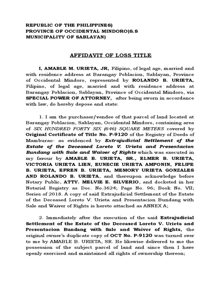 Affidavit of Loss Title | PDF | Common Law | Civil Law (Common Law)