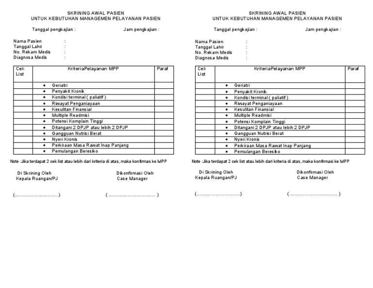 Form Skrining Awal Pasien Rsia - Ba 2021 | PDF