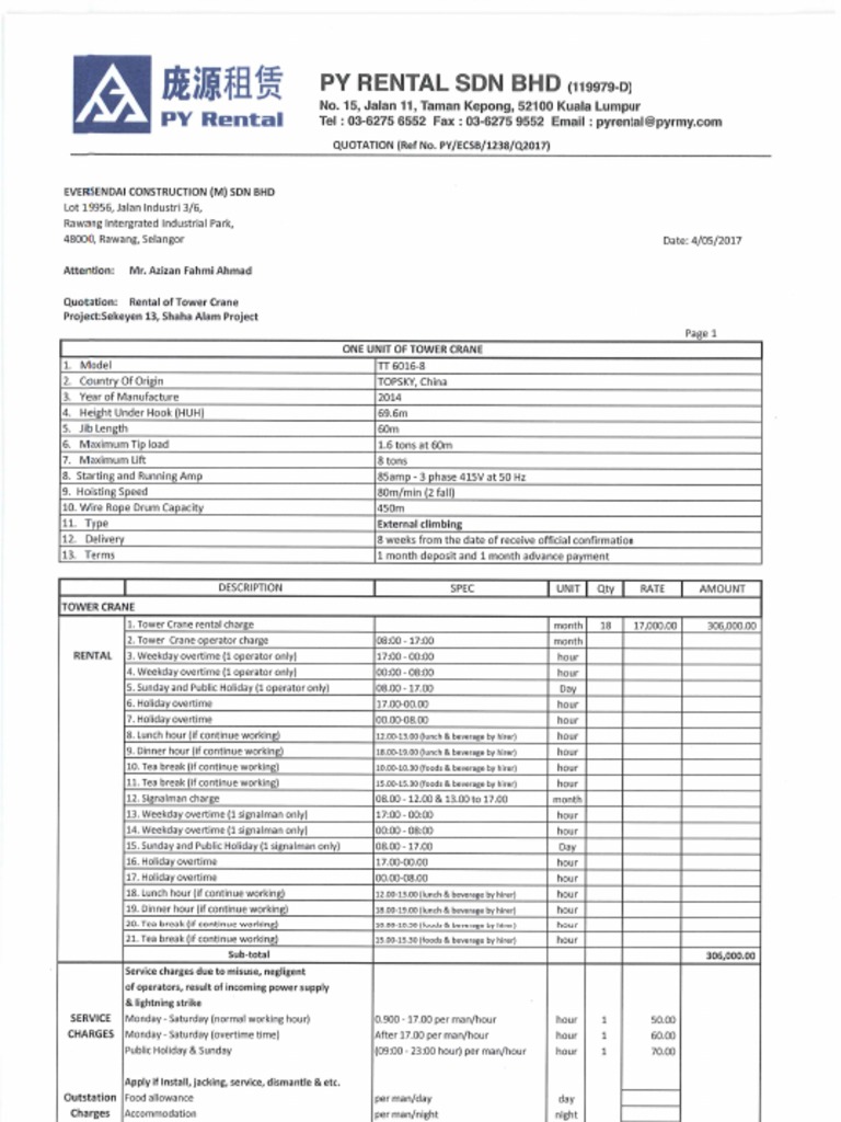 Quotation For Rental of Tower Crane TT6016-8 | PDF