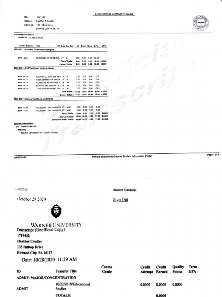 Unofficial Transcripts | PDF | Students | Academia