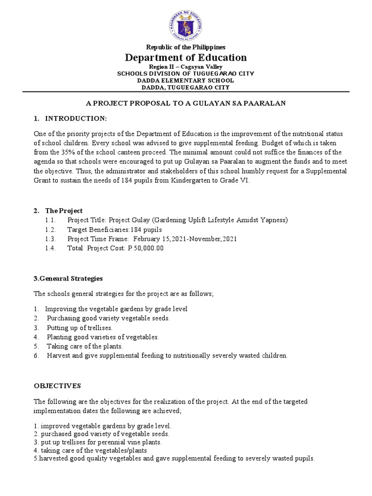 A Project Proposal To A Gulayan Sa Paaralan | PDF | Vegetables | Business