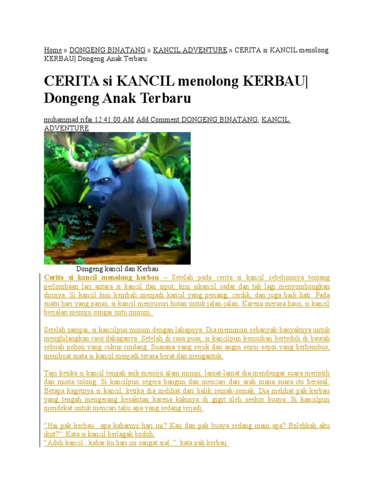 Kancil Menolong Kerbau dari Buaya | PDF | Griya & Taman