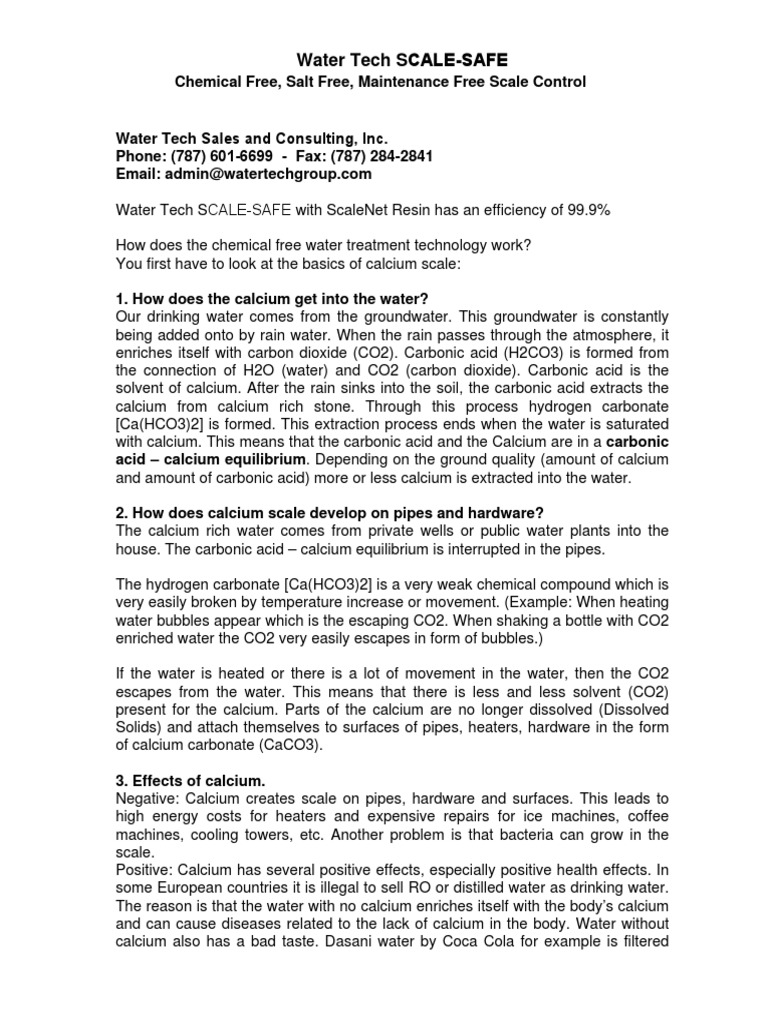 Water Tech SCALE SAFE Tech Description | PDF | Carbon Dioxide | Ion
