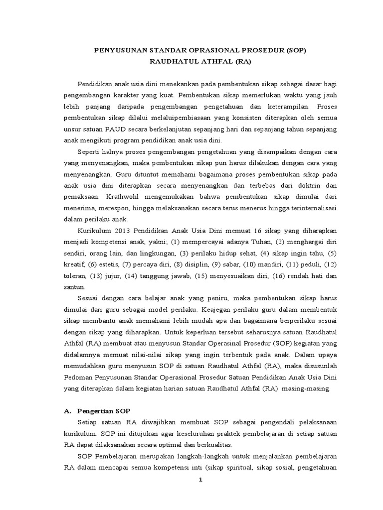Penyusunan Standar Oprasional Prosedur (Sop) Raudhatul Athfal (Ra) | PDF