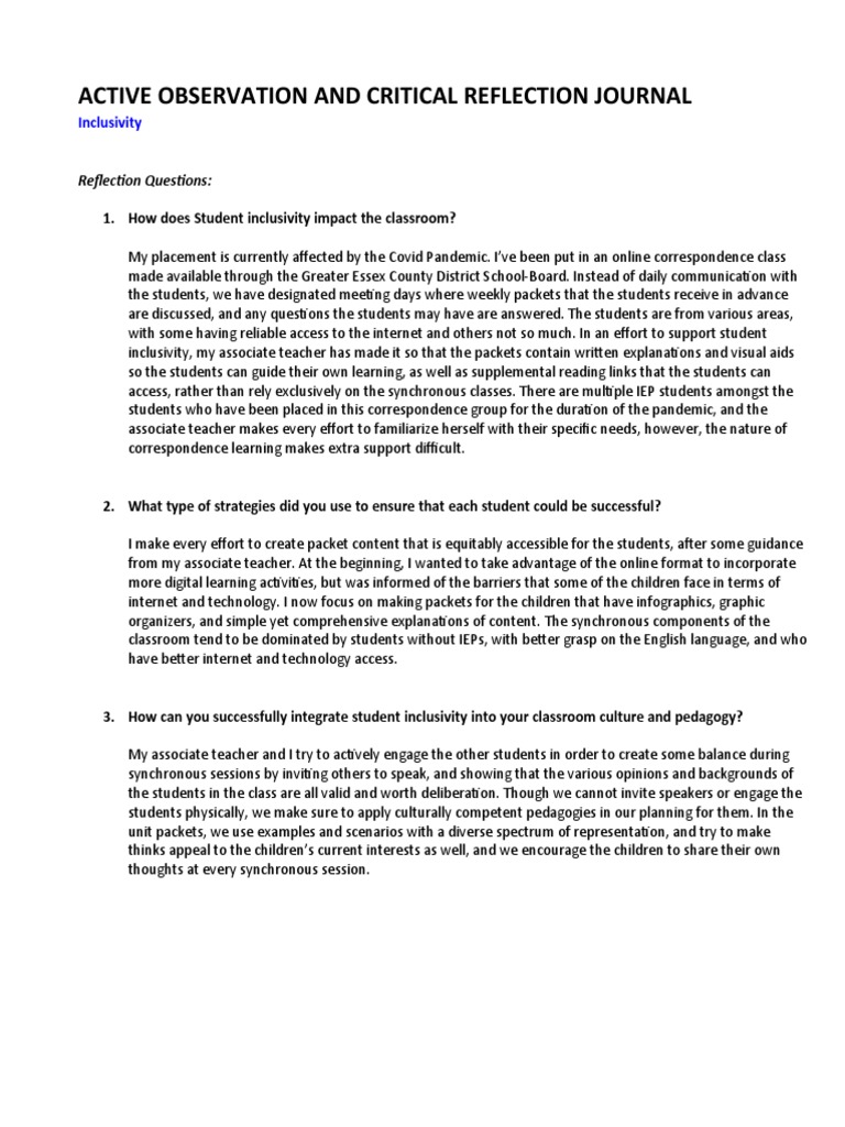 Critical Reflection Journal 2021 | PDF | Individualized Education ...