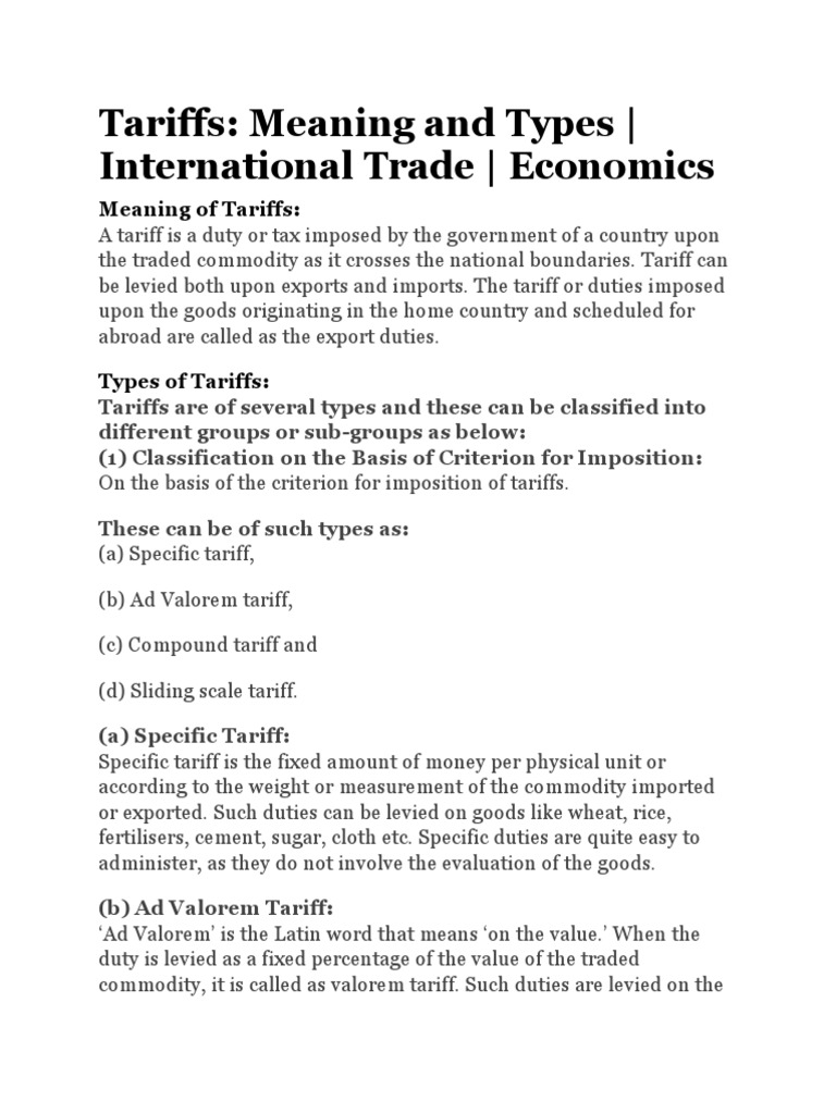 Tariffs: Meaning and Types - International Trade - Economics | PDF ...