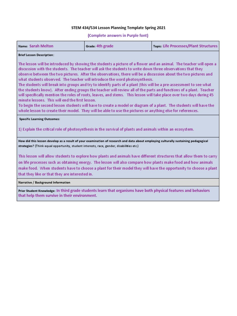 Sarah Melton 4th Grade Life Processes/Plant Structures: STEM 434/534 Lesson Planning Template ...