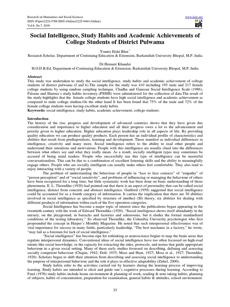 Social Intelligence, Study Habits and Academic Achievements of College ...