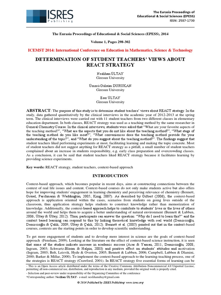 Determination of Student Teachers - Views About React Strategy (#333418 ...