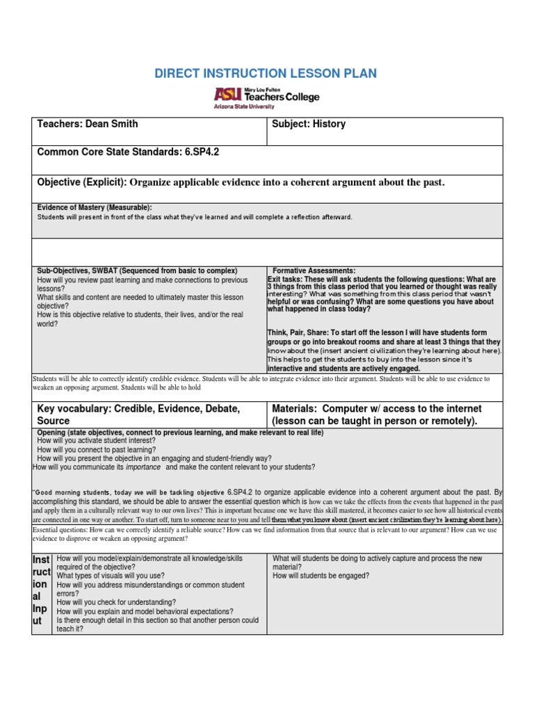 Sed 398 Portfolio Asu Direct Instruction Lesson Plan | PDF | Educational Assessment | Teachers