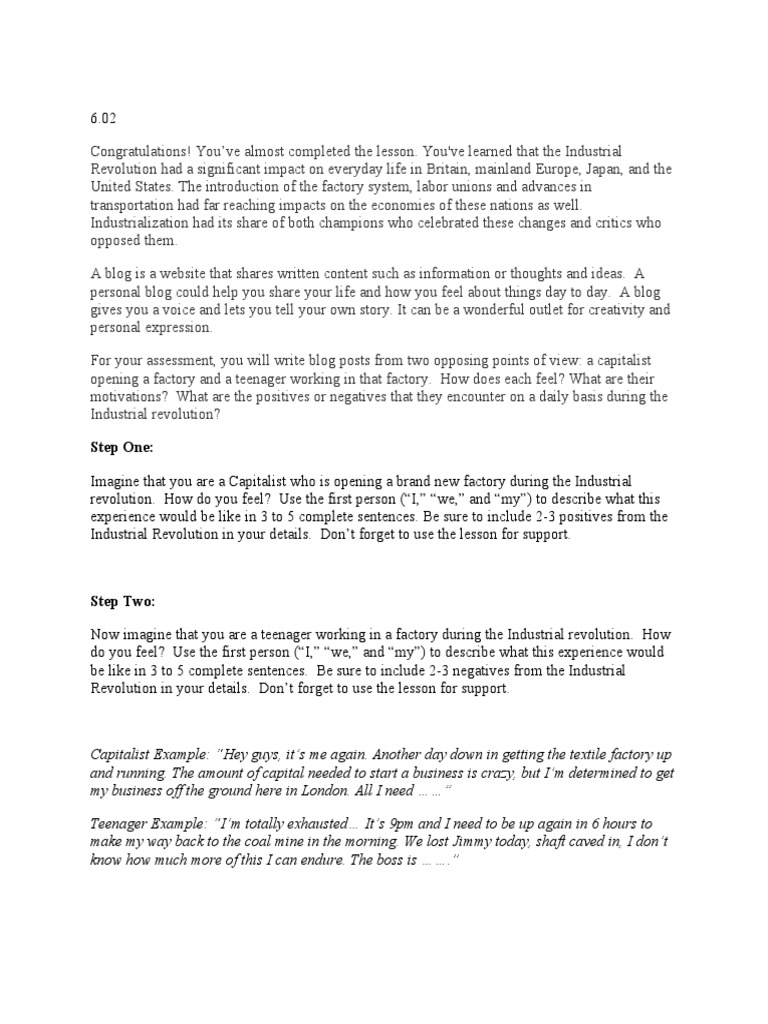 Industrial Revolution Perspectives Assessment | PDF | Industrial ...
