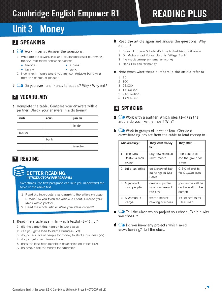 Reading Plus Money Unit 3: Cambridge English Empower B1 | PDF | Loans ...