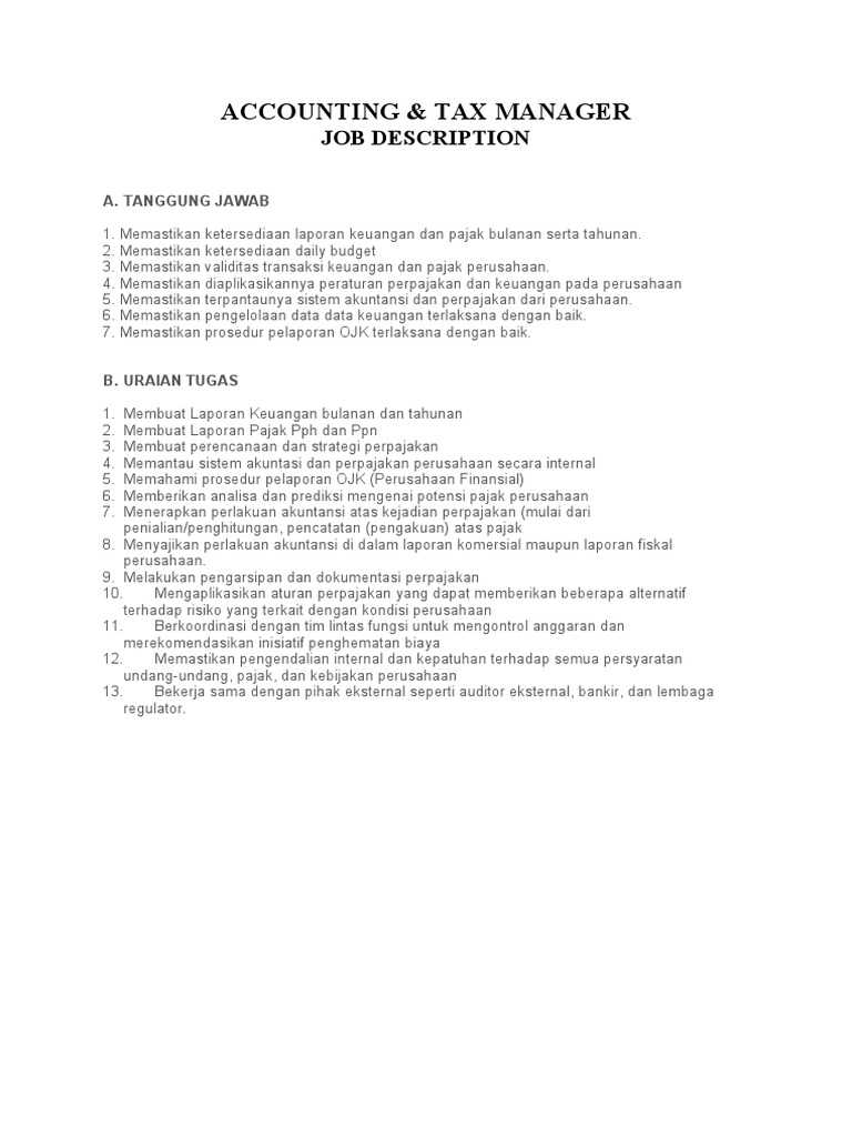 Deskripsi Pekerjaan Manajer Akuntansi Pajak | PDF | Pengelolaan ...