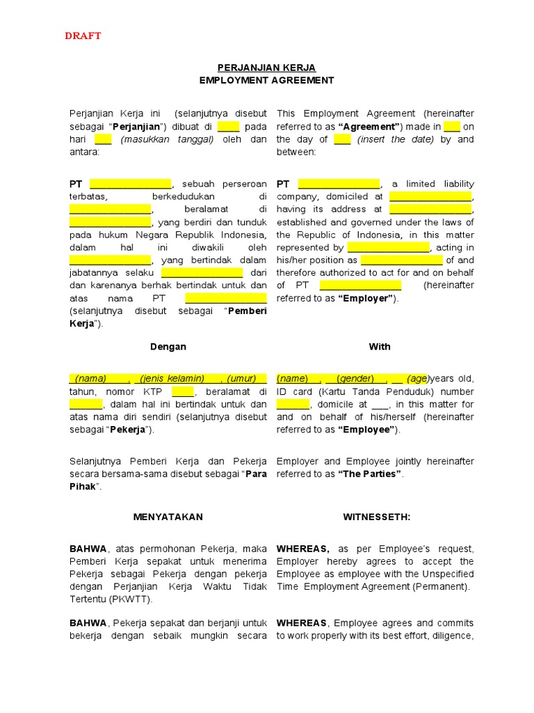 Contoh Draft Perjanjian Kerja Bilingual | PDF