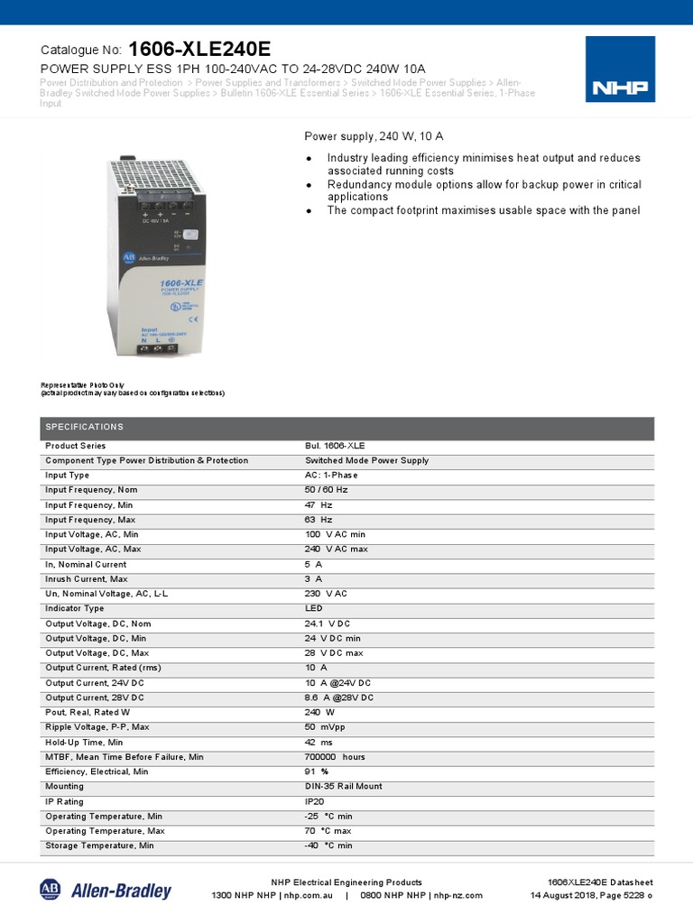 1606-XLE240E: POWER SUPPLY ESS 1PH 100-240VAC TO 24-28VDC 240W 10A ...