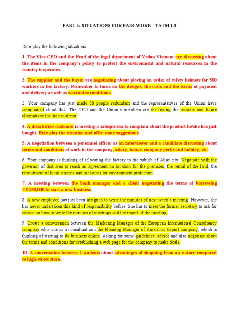 Part 1: Situations For Pair-Work - Tatm 1.3 | PDF | Online Shopping | Communication