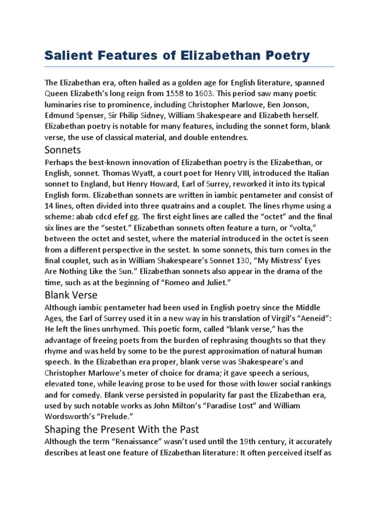 Key Features of Elizabethan Poetry | PDF | Sonnets | Poetics