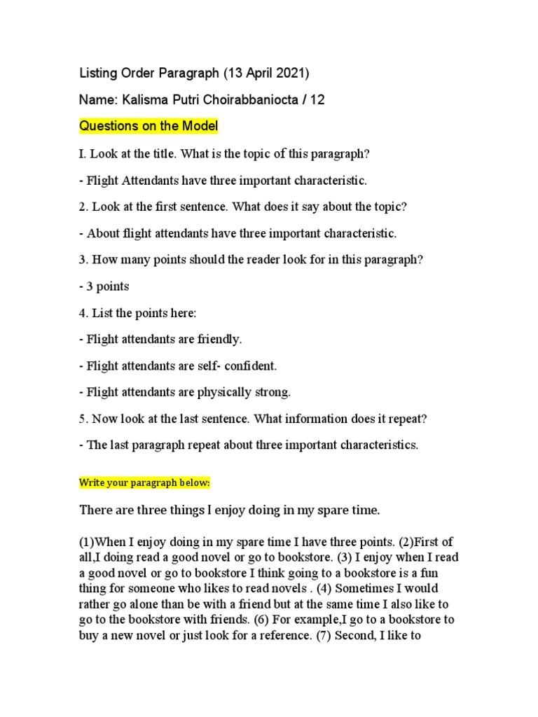 Listing Order Paragraph - Answer Sheet | PDF
