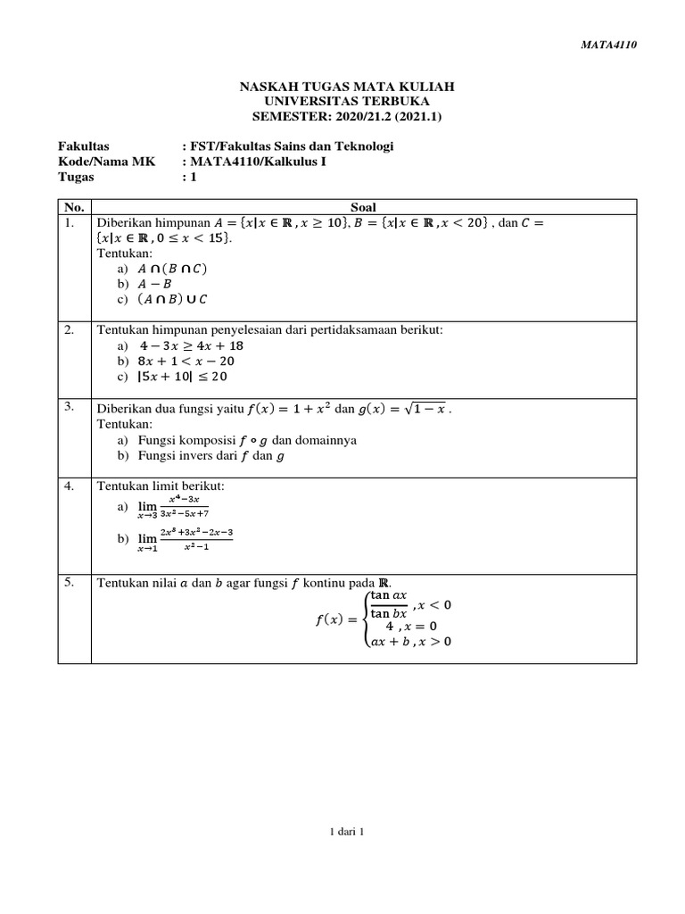 Tugas Kalkulus I: Himpunan dan Limit | PDF | Metode & Bahan Ajar