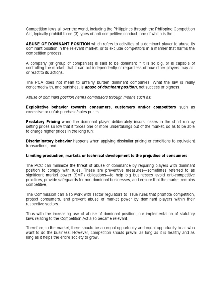 Abuse of Dominant Position Harms Competitors Through Means Such As ...
