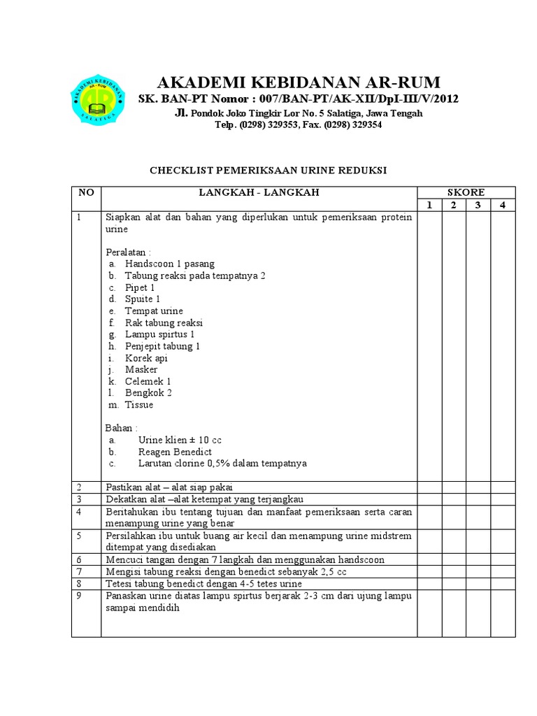 Checklist Pemeriksaan Urine Reduksi | PDF
