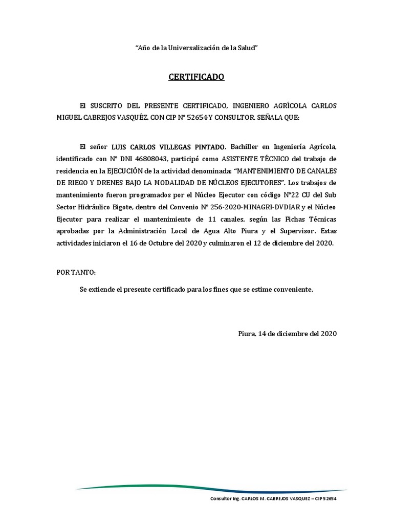 Certificado Asistente Técnico - LCVP | PDF | Perú | Ingeniería