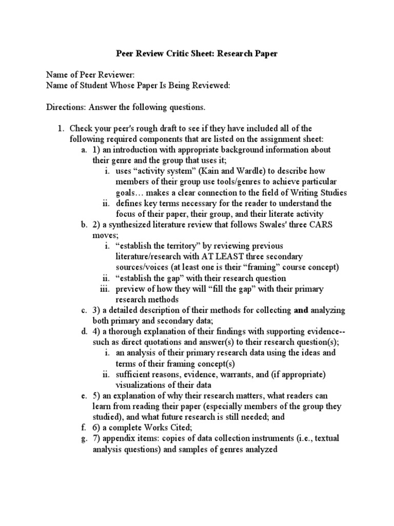Research Paper Peer Review Critic Sheet - Spring 2021 1 1 | PDF ...