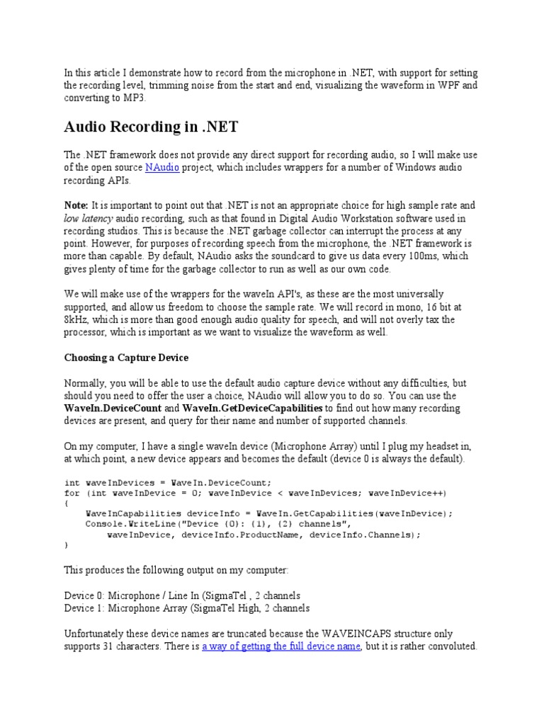 Naudio: Low Latency Audio Recording, Such As That Found in Digital ...