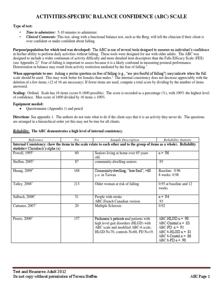 ABC Scale for Balance Confidence Assessment | PDF | Balance (Ability ...