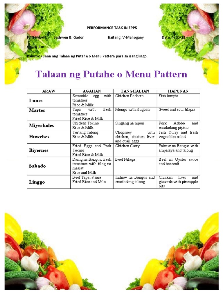 Menu Pattern for Weekly Meals | PDF