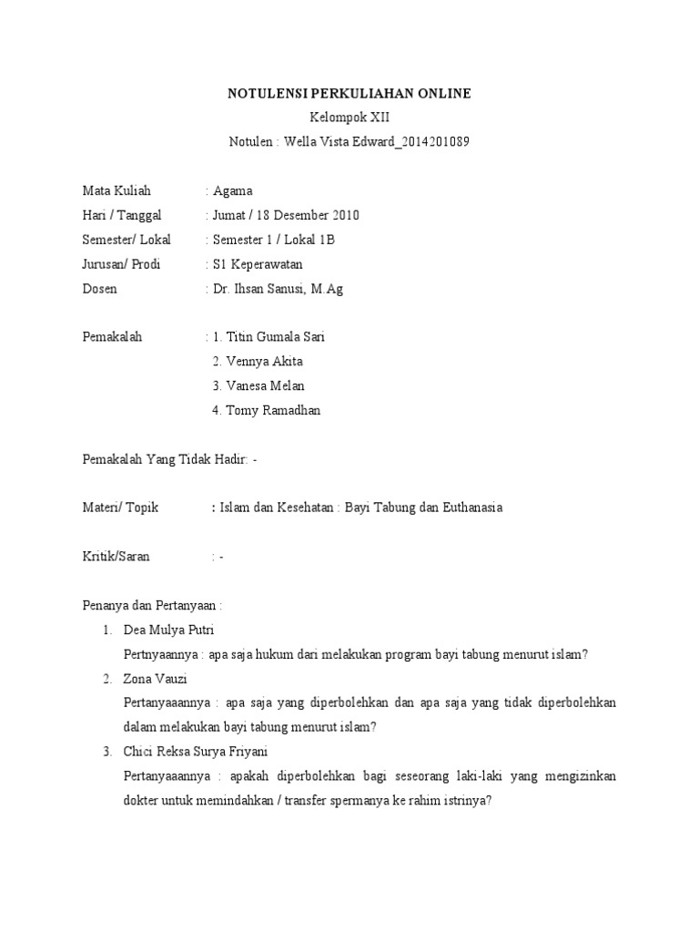 Notulensi Perkuliahan Online - KLP Xii | PDF