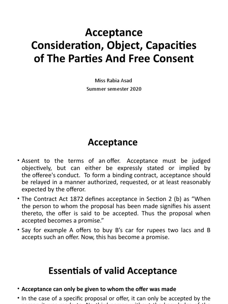 Acceptance Consideration Object Capacities of The Parties and Free Consent | Download Free PDF ...
