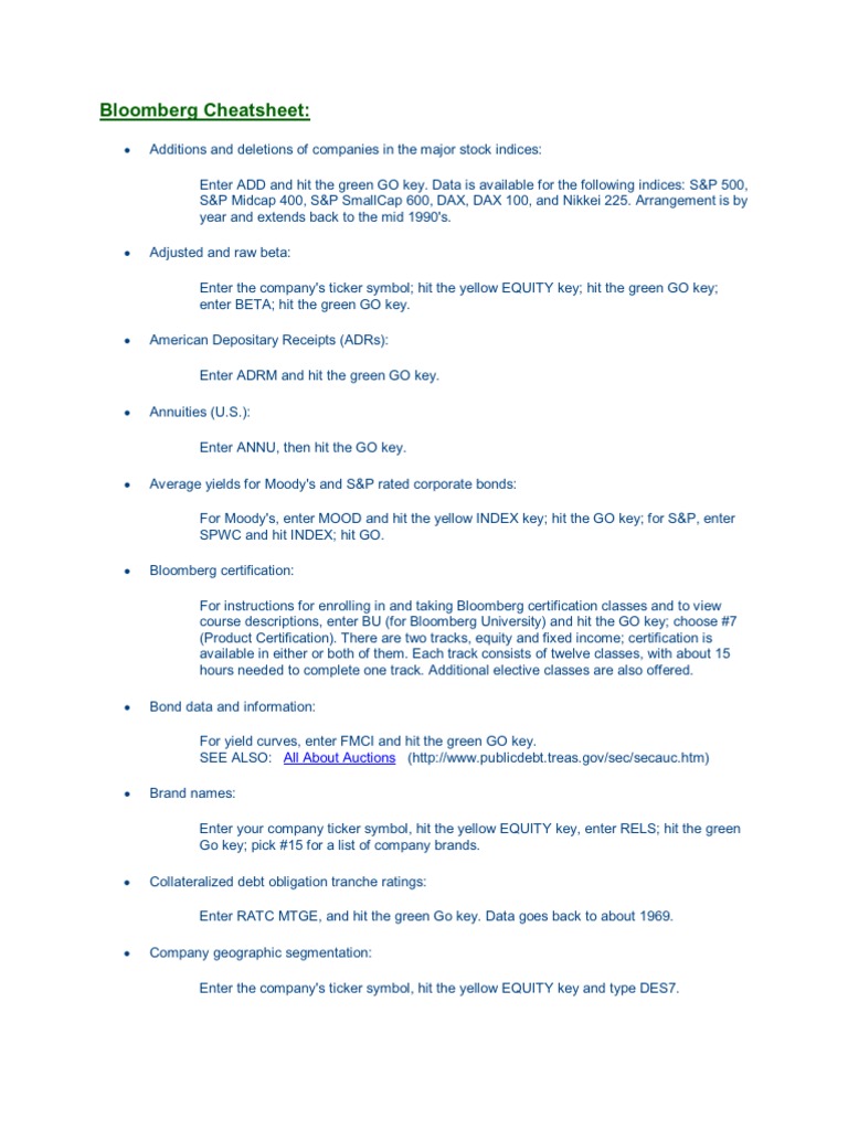 Bloomberg Cheatsheet | PDF | Stock Market Index | Stocks