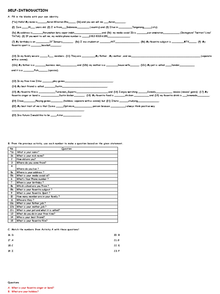 Self-Introduction Worksheet (Original) | PDF