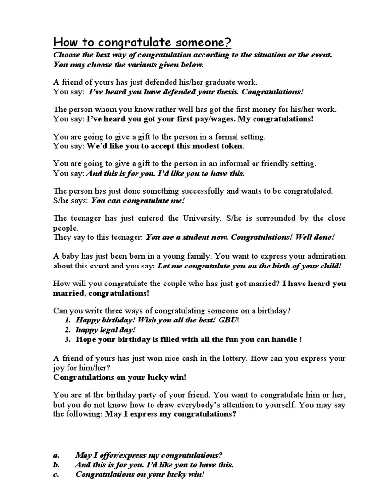 The Ways of Congratulating Worksheet | PDF