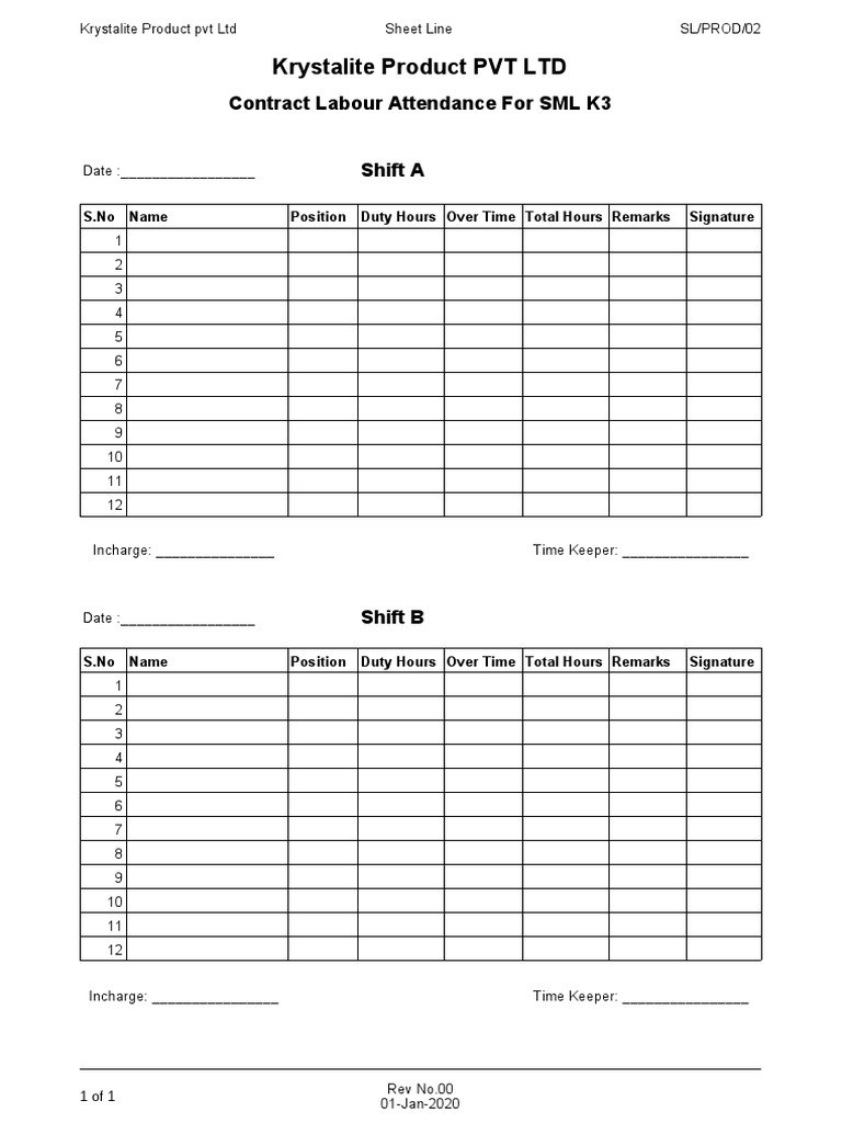 Contract Labour Attendance Record for Krystalite Product Pvt Ltd Sheet ...