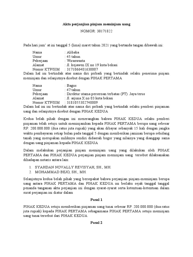 Akta Perjanjian Pinjam Meminjam Uang | PDF