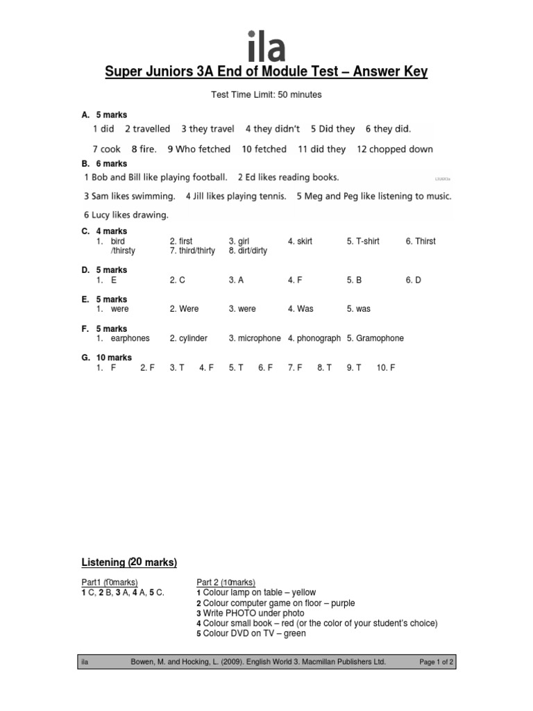 Super Juniors 3A End of Module Test - Answer Key | PDF