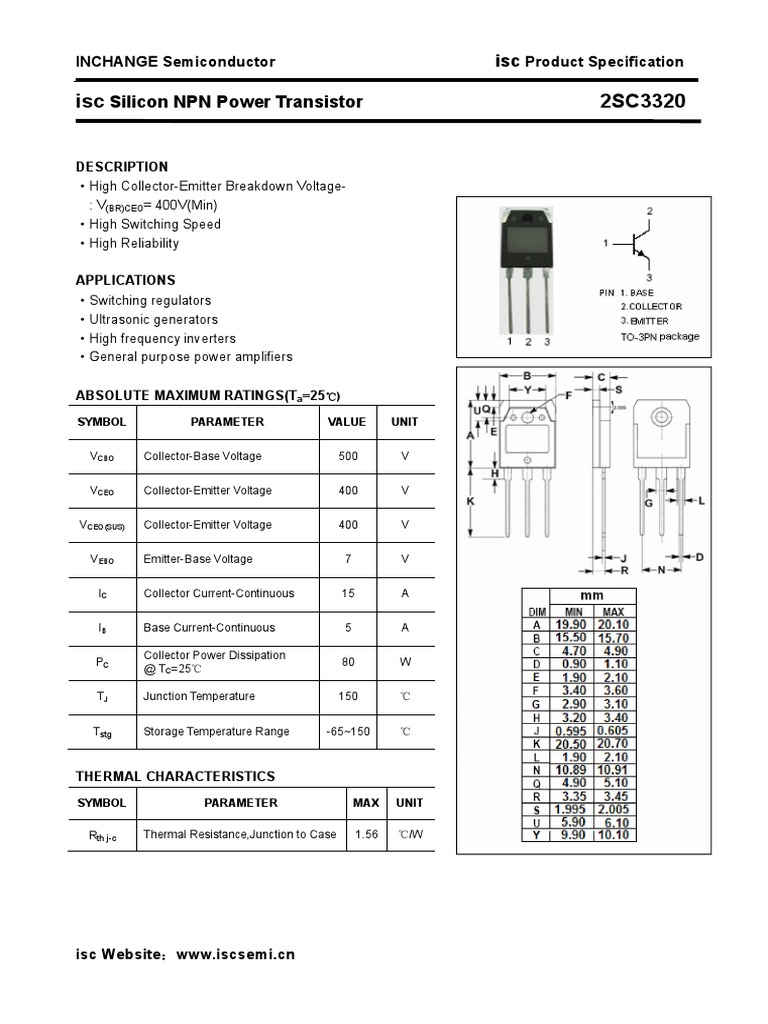 Inchange Semiconductor 2SC3320 Datasheet | PDF | Bipolar Junction Transistor | Semiconductors