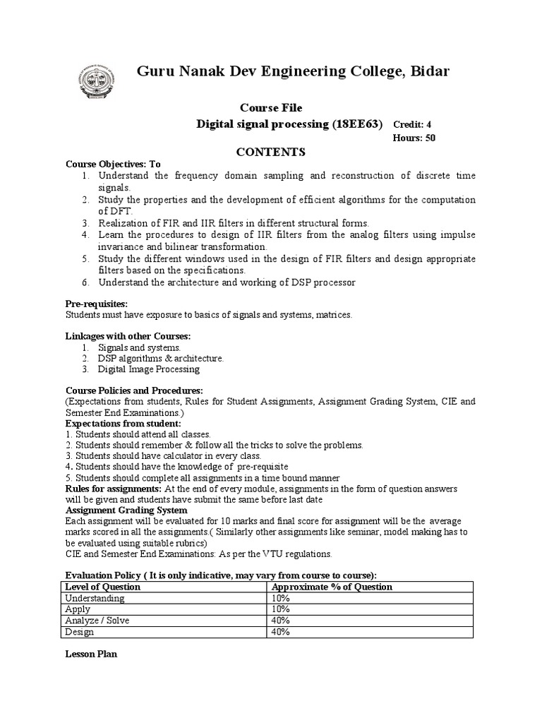DSP (18EC52) Course File Planning | PDF | Discrete Fourier Transform ... DSP (18EC52) Course File Planning | PDF | Discrete Fourier Transform ...