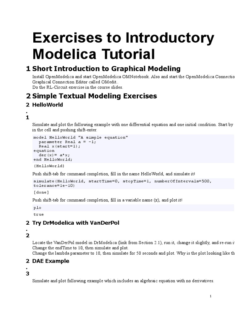 Exercises ModelicaTutorial | PDF | Equations | Function (Mathematics)