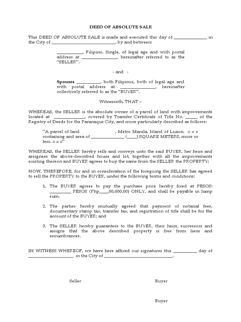 Sample Deed of Sale House and Lot | PDF | Deed | Sales